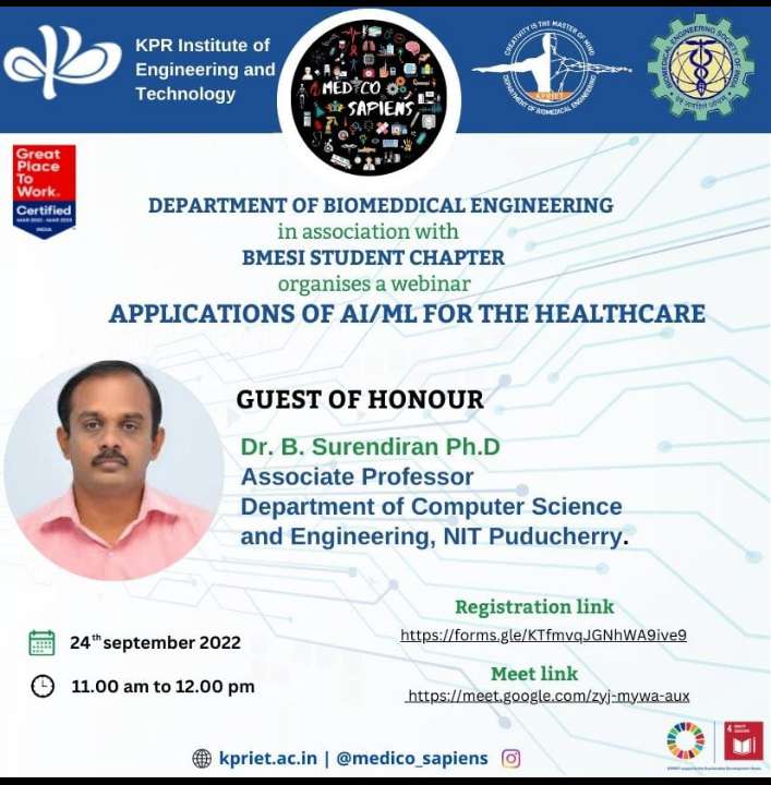 APPLICATIONS OF AI/ML FOR THE HEALTHCARE, KPR Institute Engineering and ...